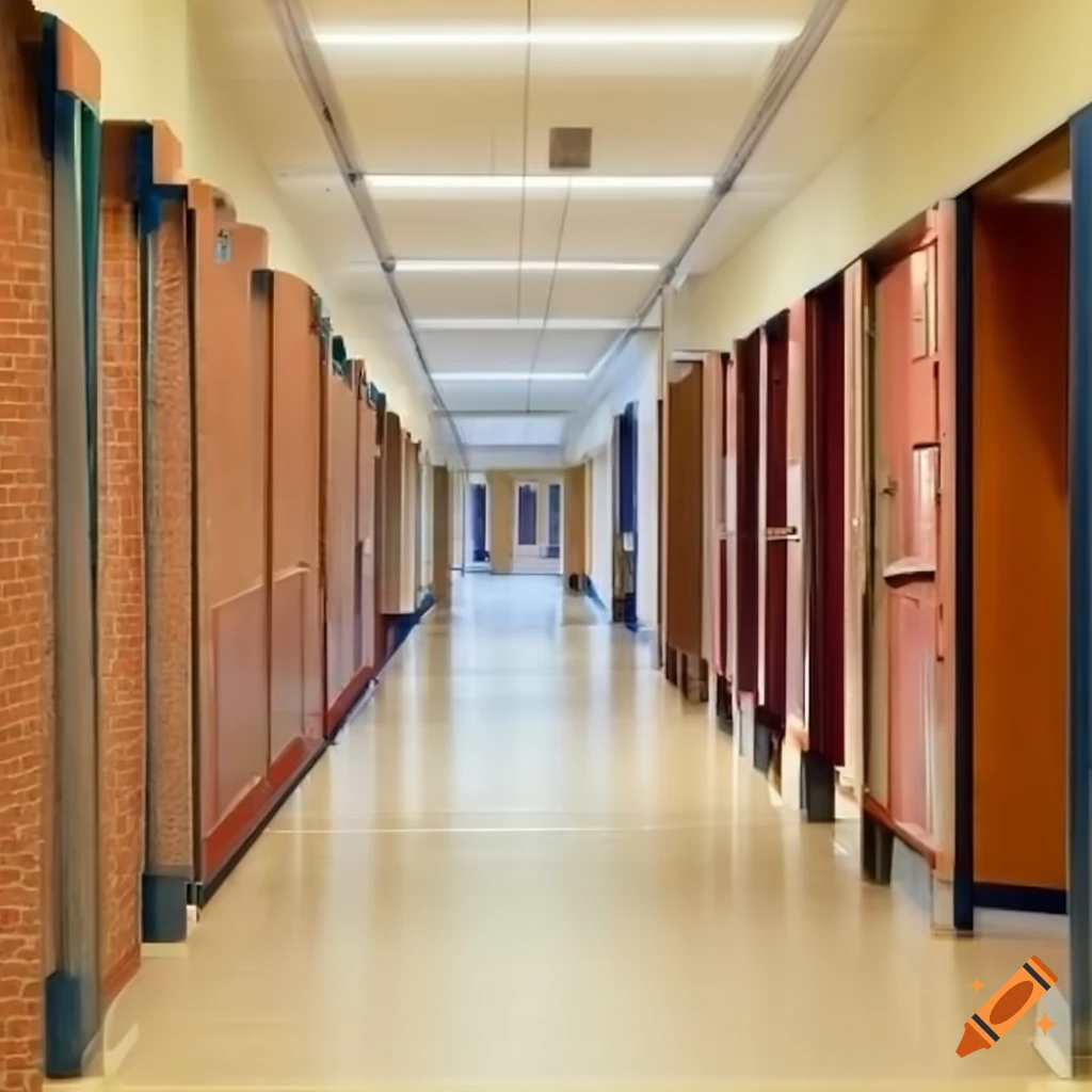 School corridor with classrooms and a hall on Craiyon