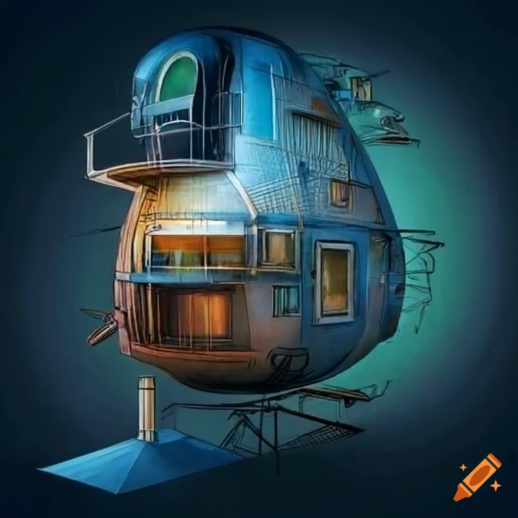 Retro futurism living pod with unique landing stilts on Craiyon