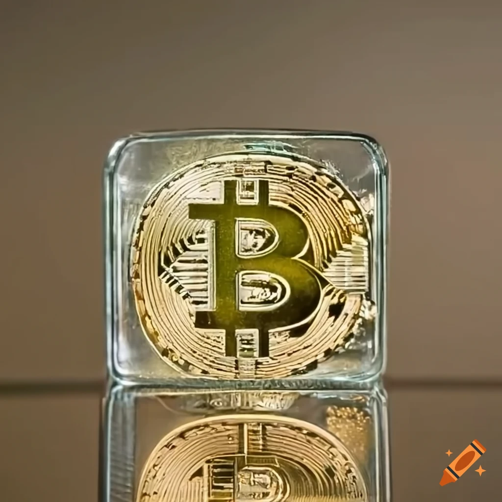 Gold glass bitcoin in a glass cube on Craiyon