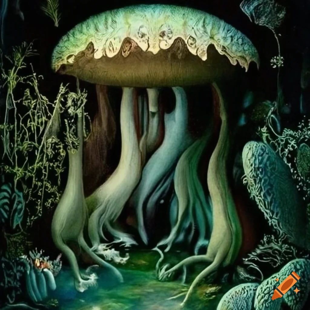 Surreal painting of an alien jungle with carnivorous plants and flowing ...