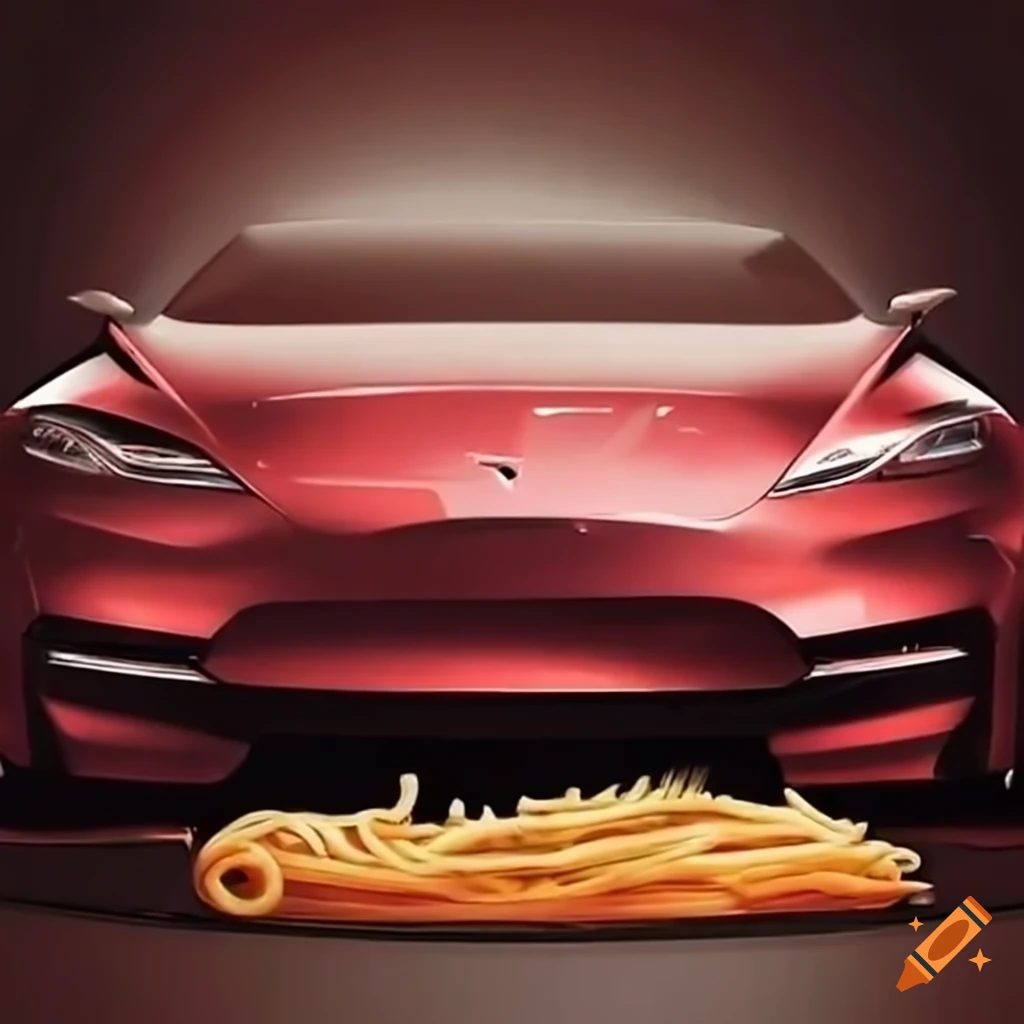 Tesla car eating pasta on Craiyon