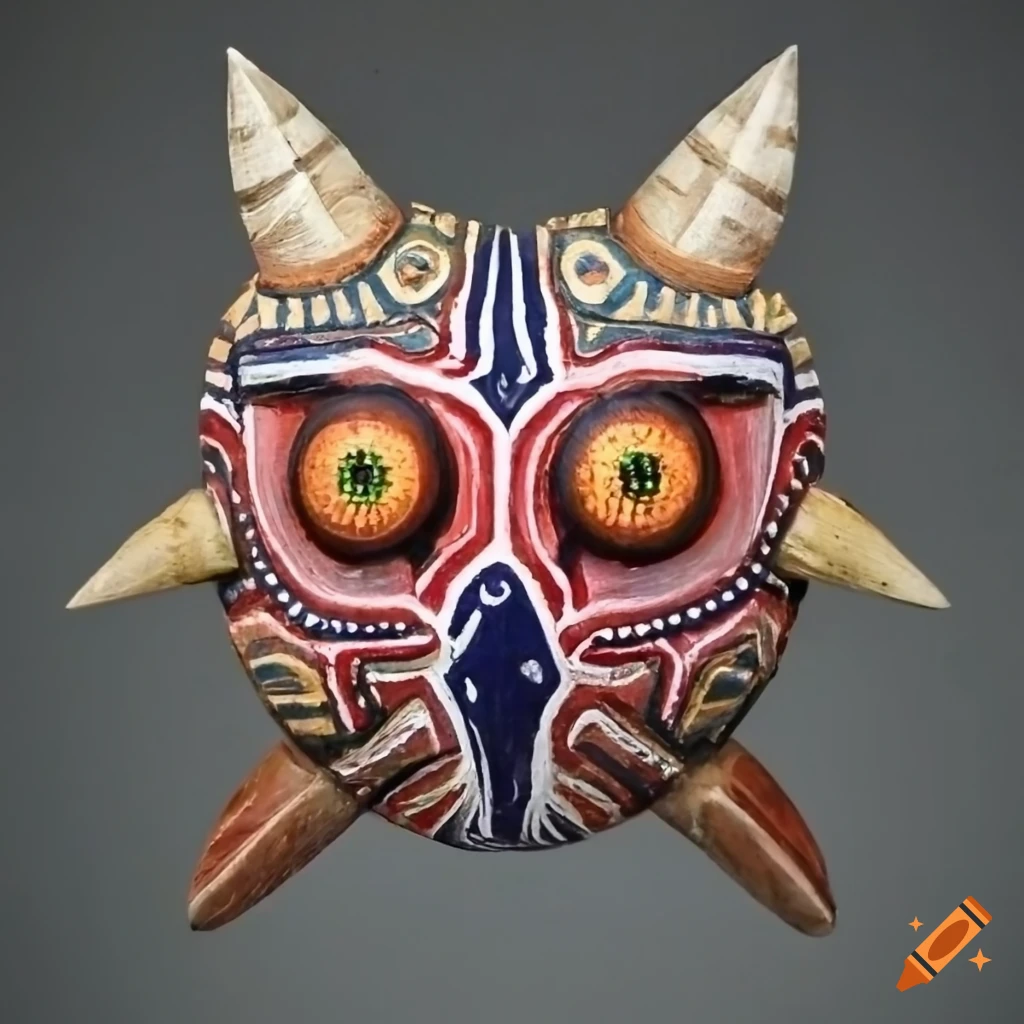 Wooden tribal mask inspired by majora's mask