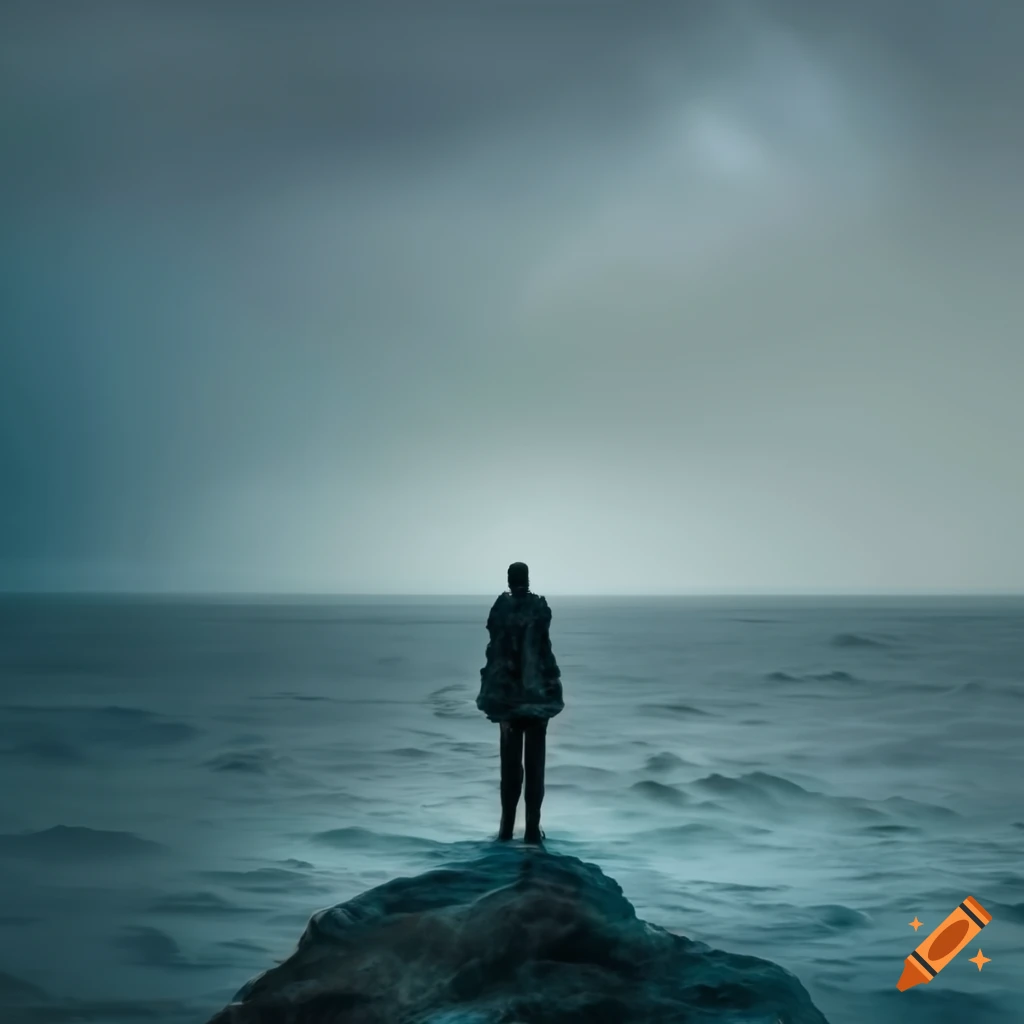 Silhouette standing on a bridge looking at the vast sea on Craiyon
