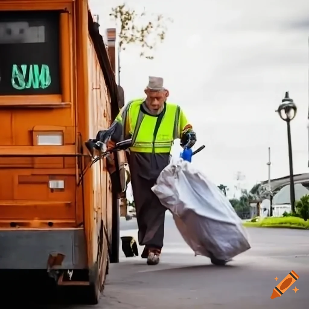 Elderly garbage collector pulling garbage cart on Craiyon