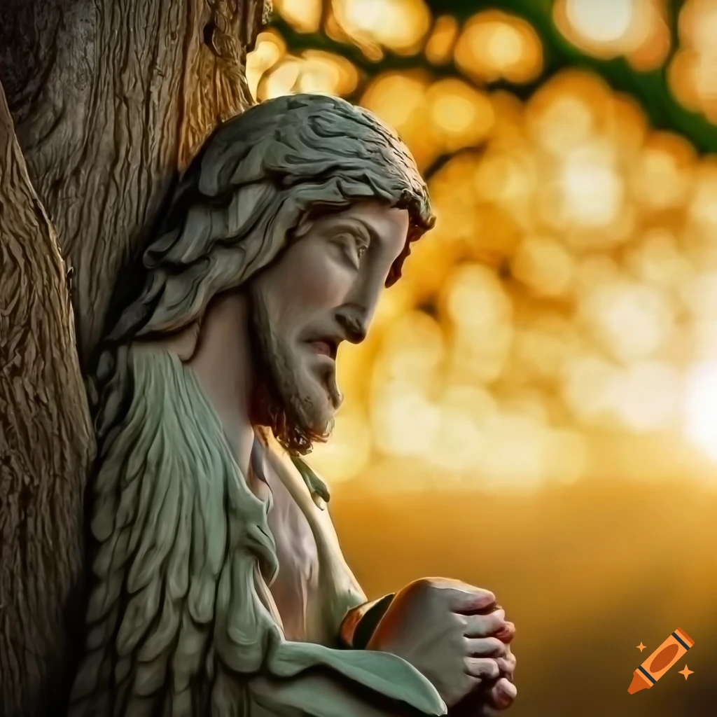 Carved jesus on oak tree with golden sunset on Craiyon
