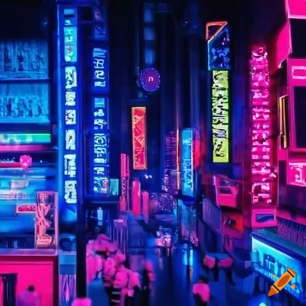 Vibrant neon lights in a futuristic night scene