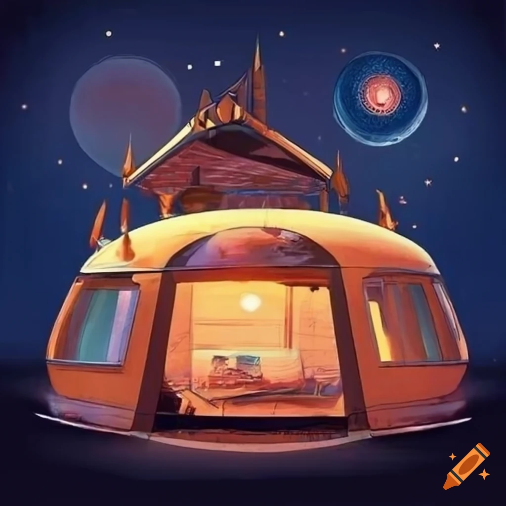 Detailed technical drawing of a retro-futuristic living pod