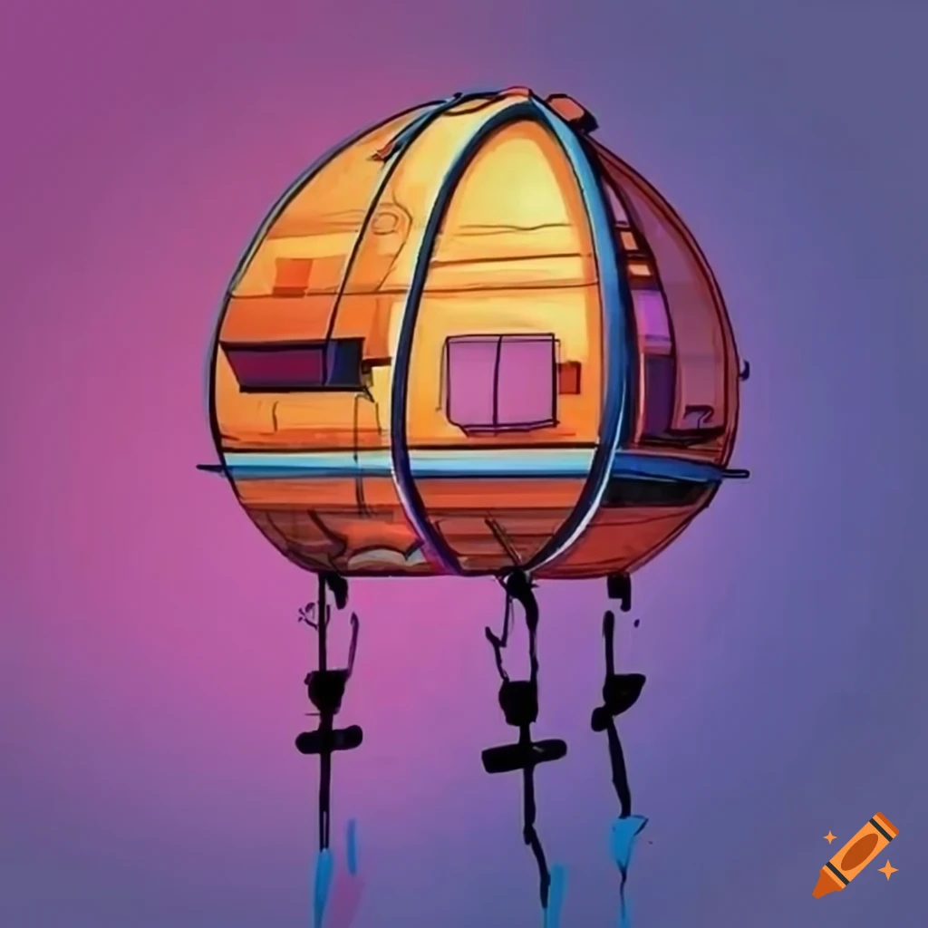 Technical drawing of a retro futuristic living pod with unique landing ...