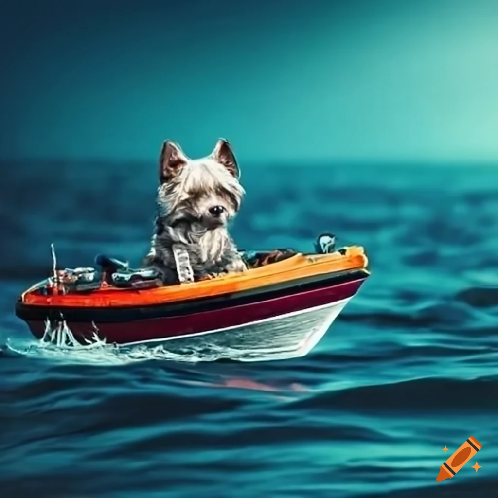 Humorous image of a small grey dog piloting a boat on Craiyon