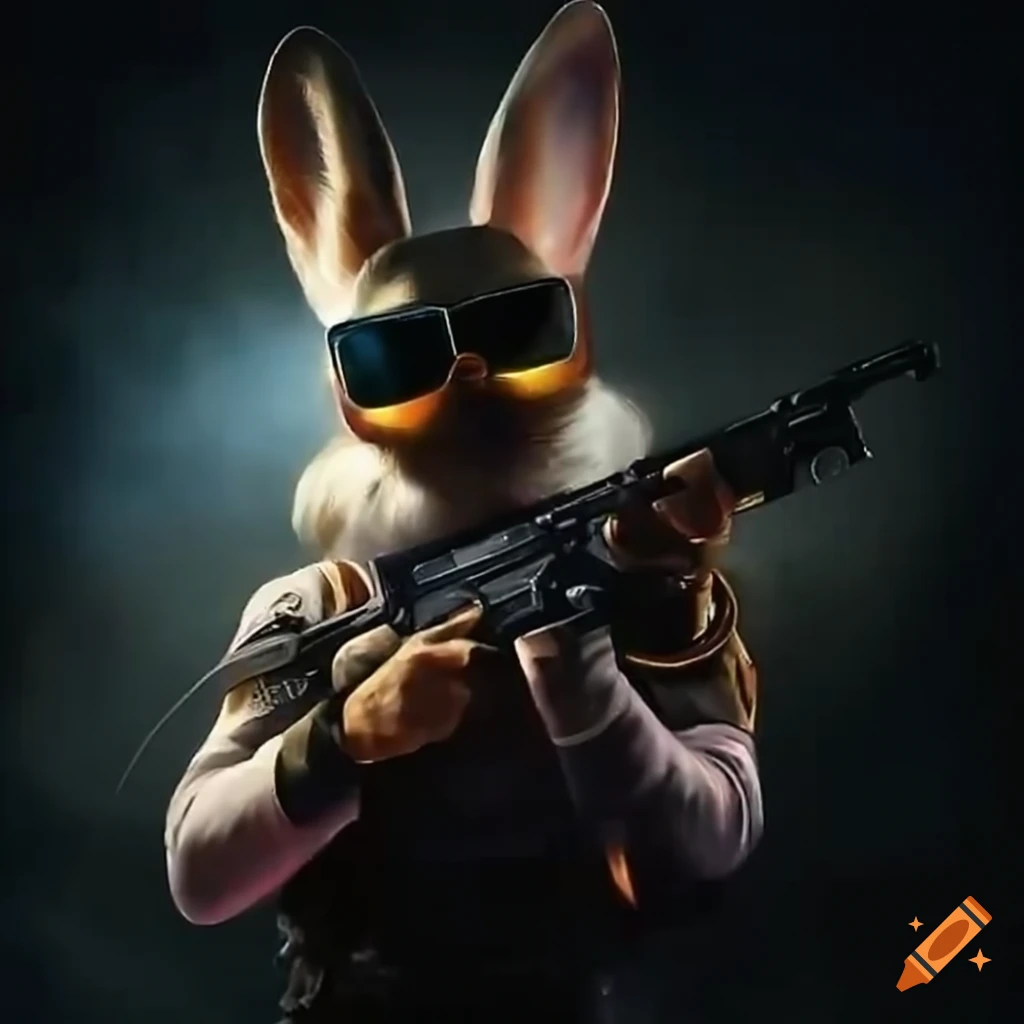 Funny image of a rabbit with sunglasses and a gun on Craiyon