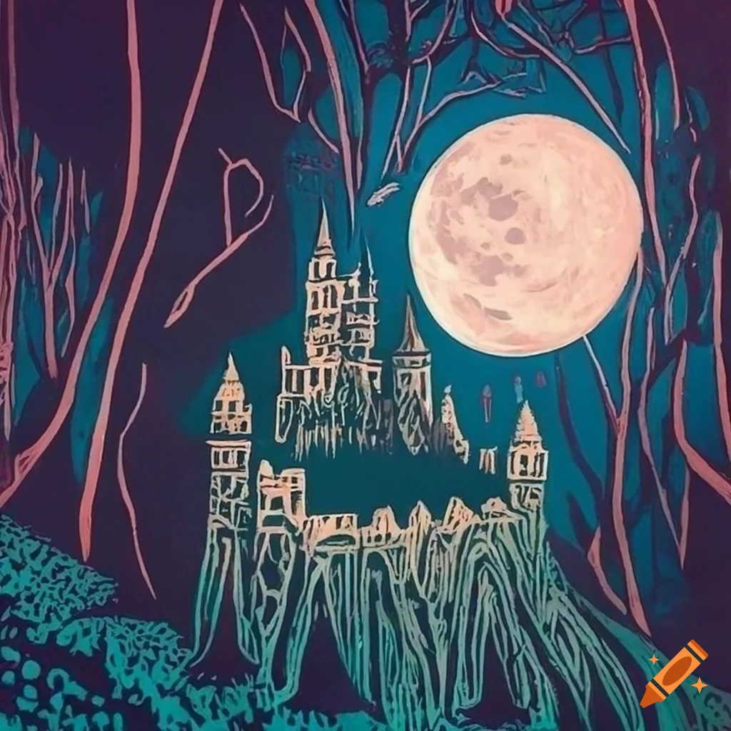 Linocut of a castle under the moonlight