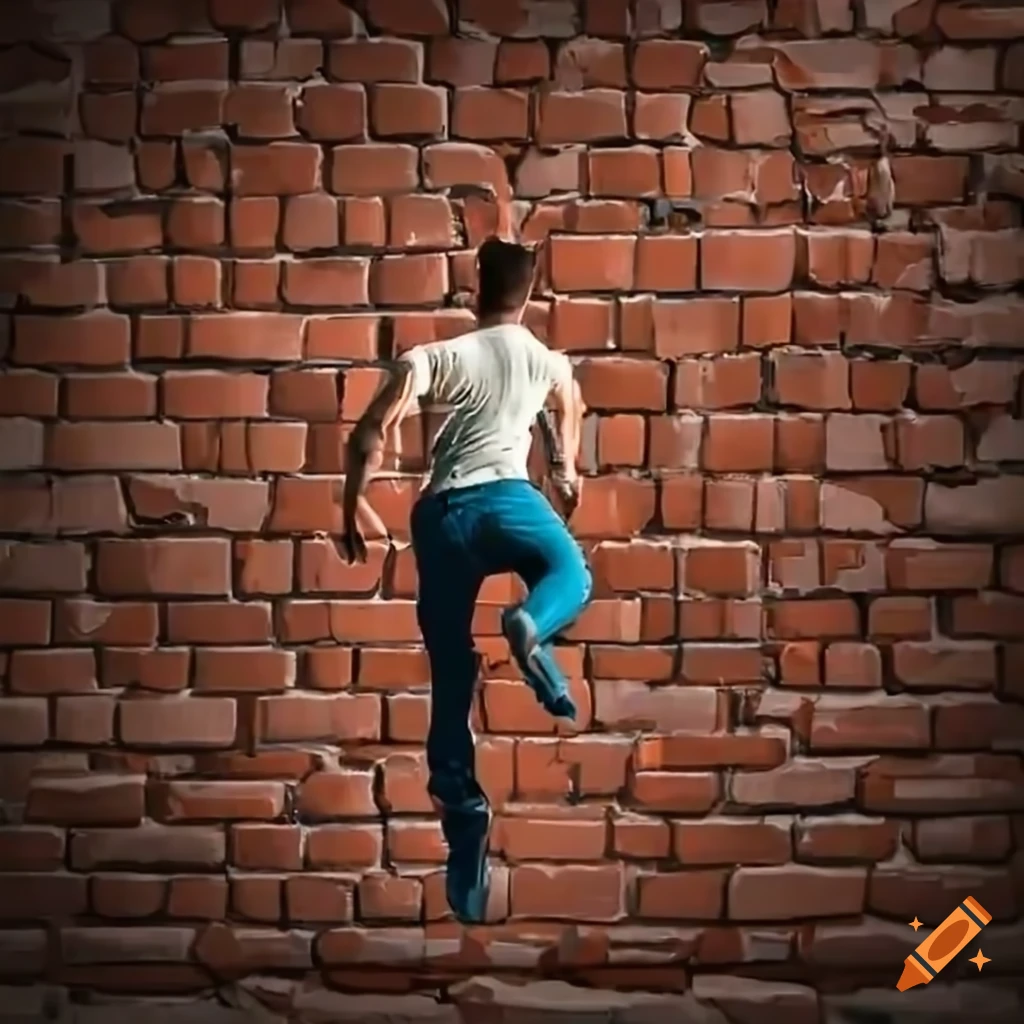 Man escaping from a shattered brick wall on Craiyon
