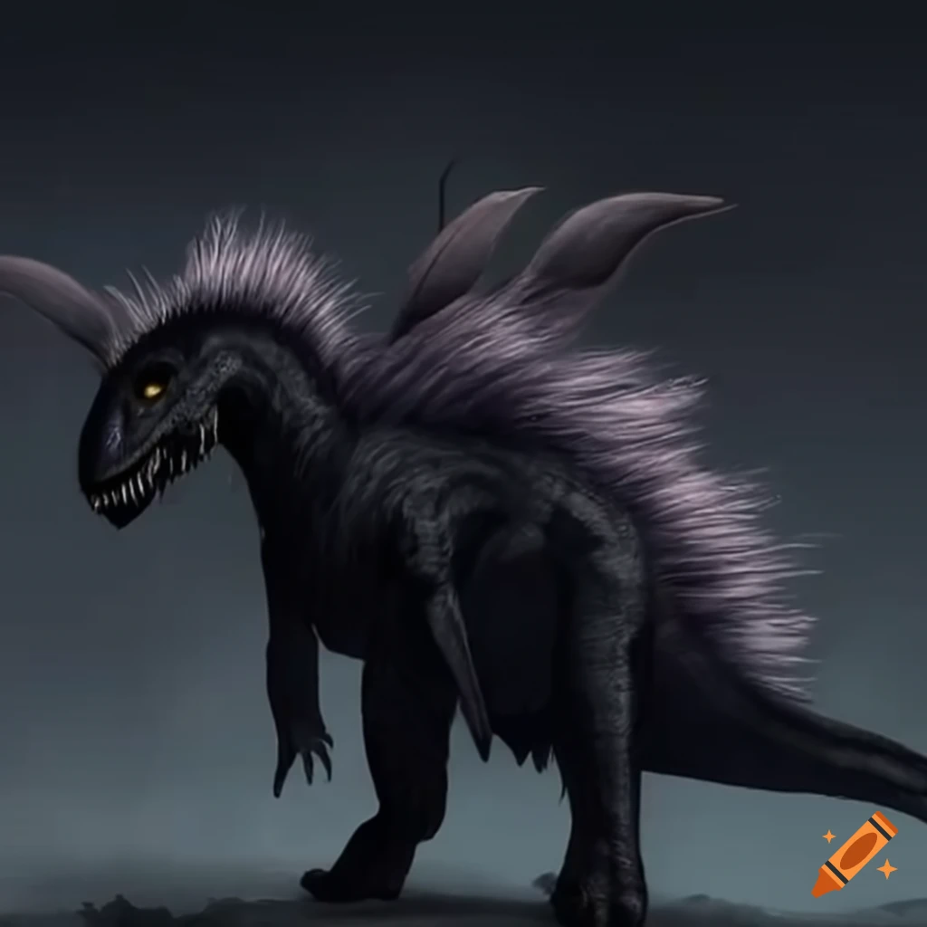Illustration of a black furry dinosaur with big horns and wings on Craiyon