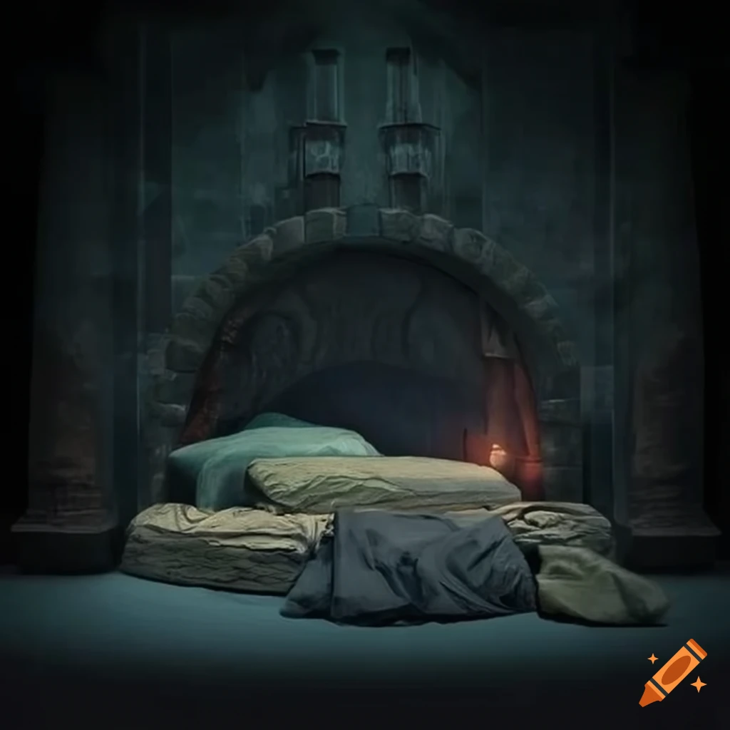 Stone bed in a fantasy castle's rock bedroom