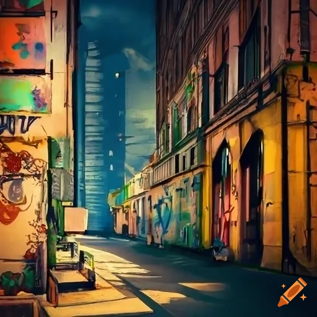 Hyper detailed paper city street with shops and graffiti