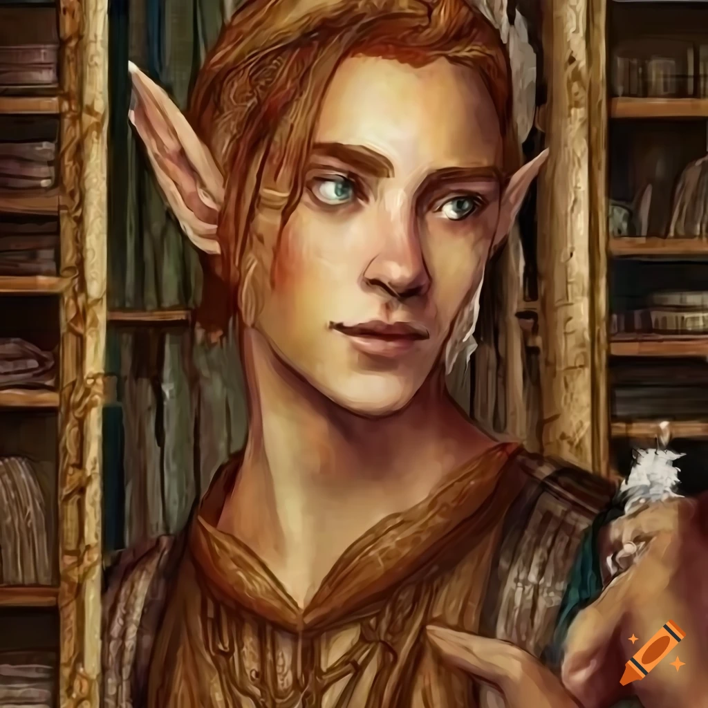 Image of a male elf in a long robe in an ancient library on Craiyon