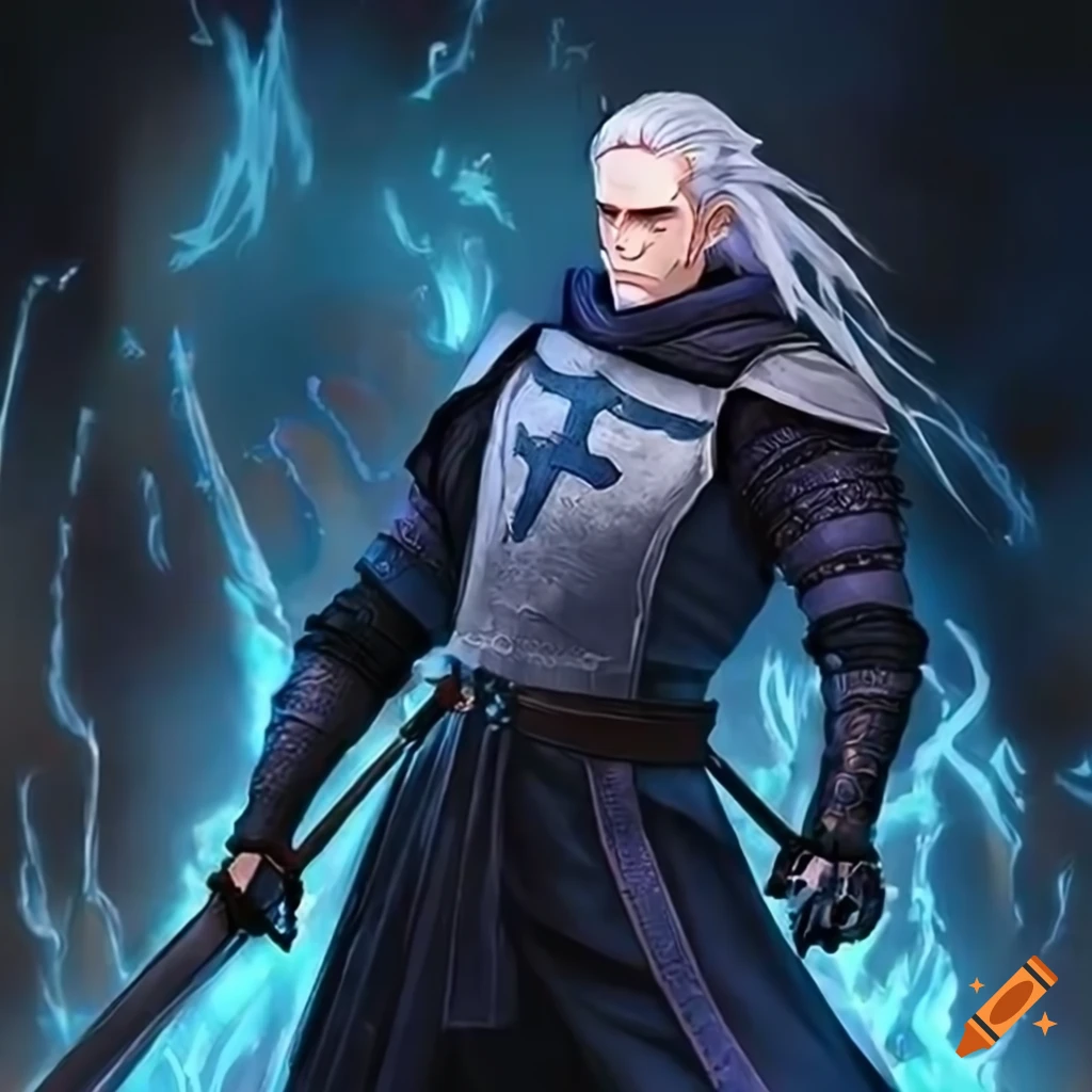 Fusion of geralt de rivia and satoru gojo in knight armor on Craiyon