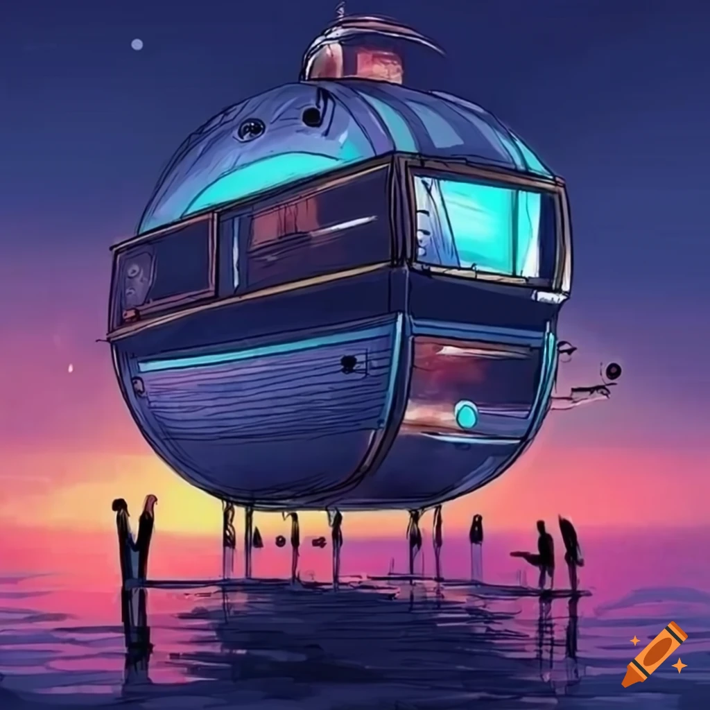 Detailed technical drawing of a retro-futuristic living pod on Craiyon