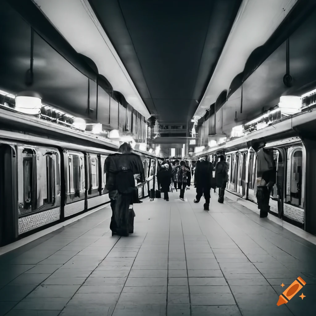 Modern subway station with commuters on platform