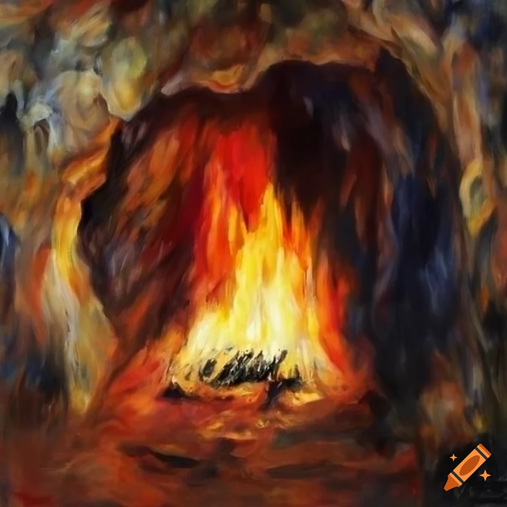 Renoir style oil painting of a burning cave on Craiyon