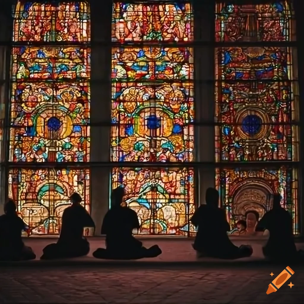 Men praying in a monastery with stained glass windows on Craiyon