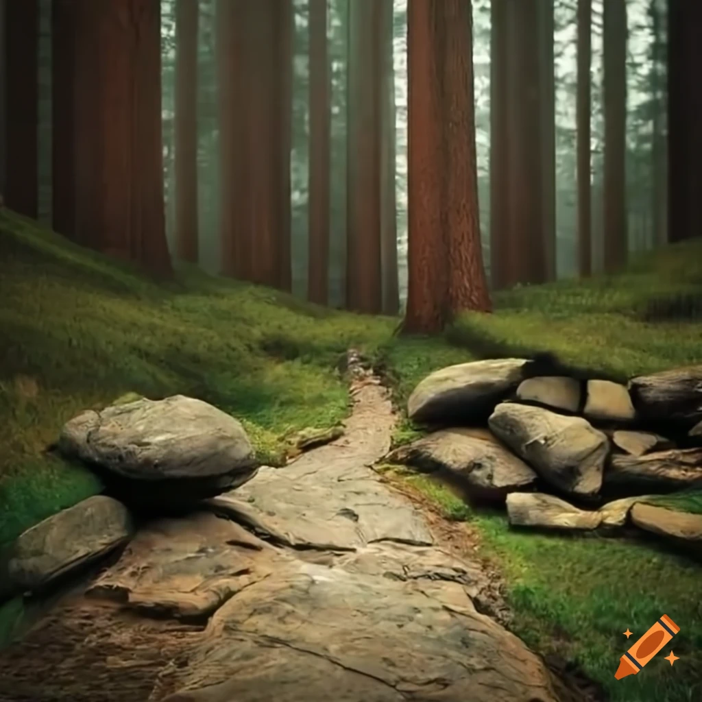 Path surrounded by pine trees in a forest on Craiyon