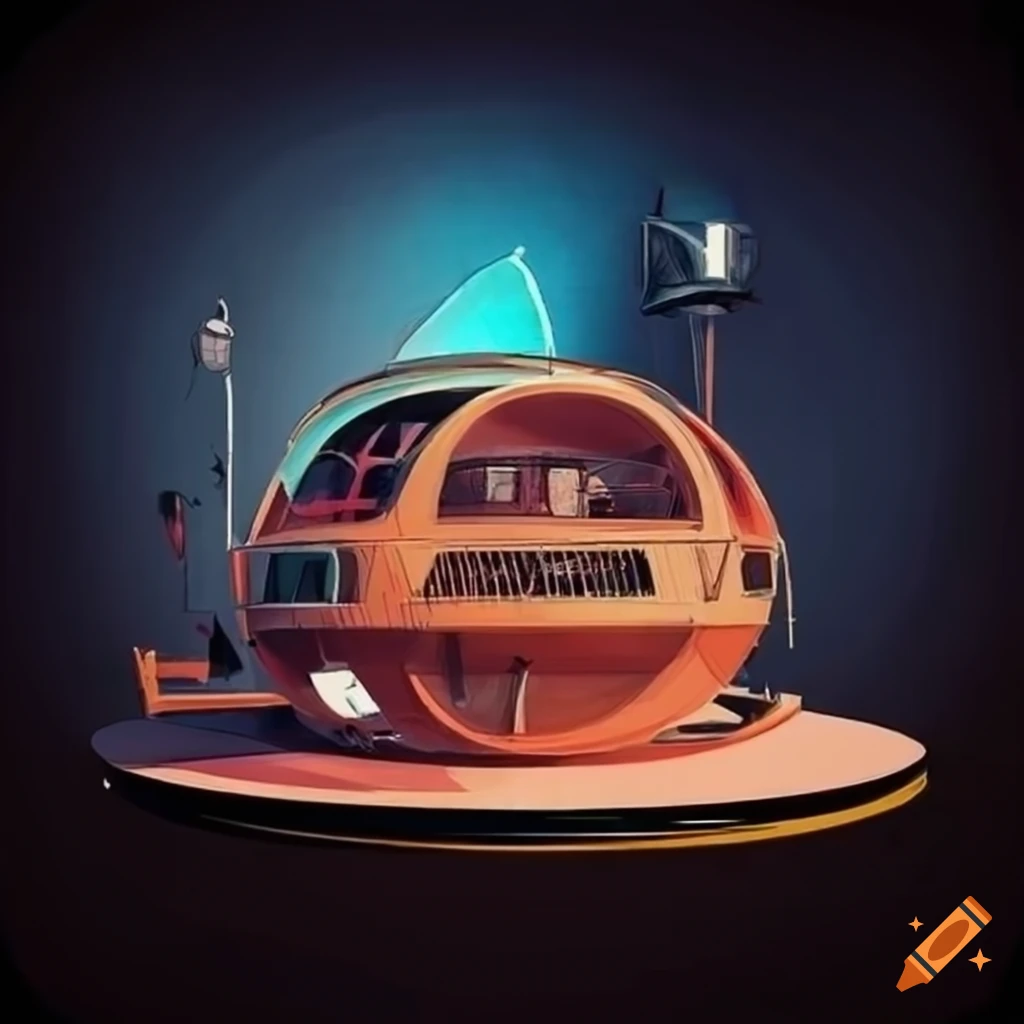 Technical drawing of a retro-futuristic living pod made from cardboard ...
