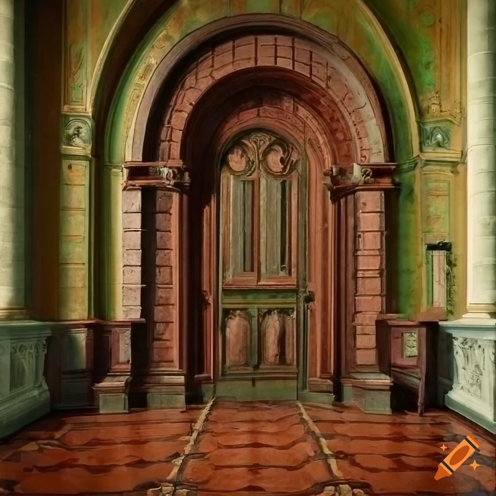 Dusty hallway with faux columns and copper-plated doors on Craiyon