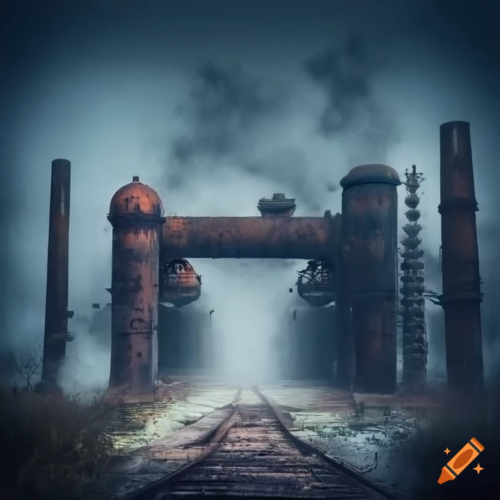Rusty industrial complex in a foggy setting