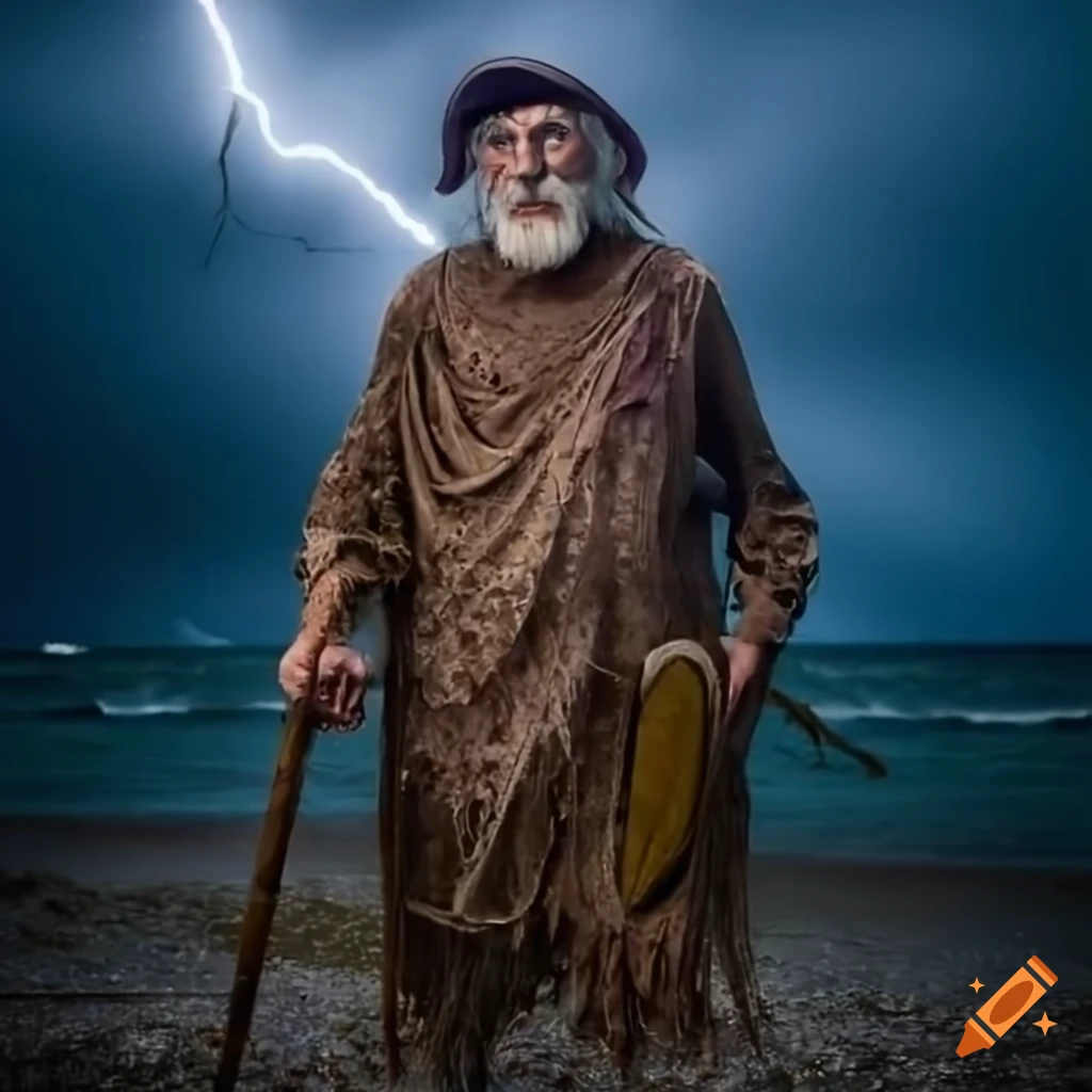 Realistic portrait of a weathered old sailor in a stormy sea on Craiyon