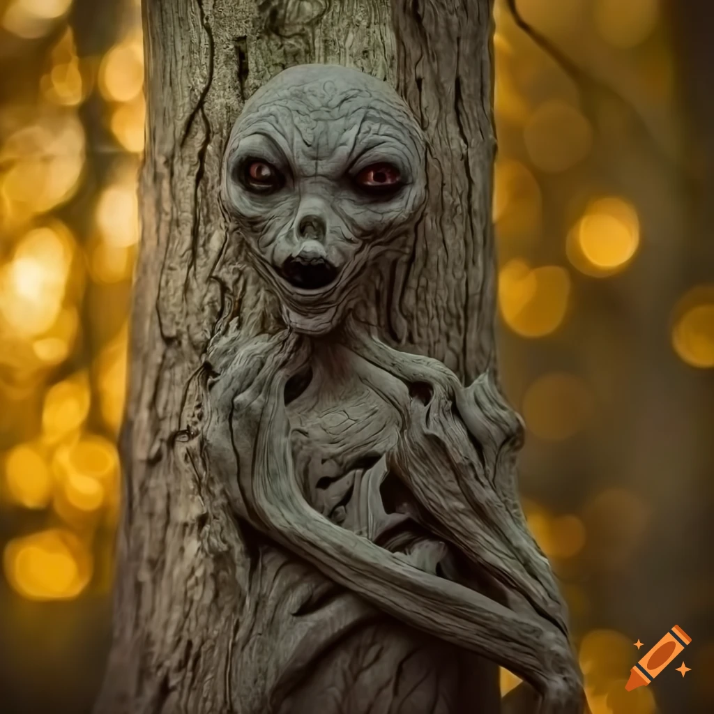 Detailed carving of a gray alien on an old oak tree