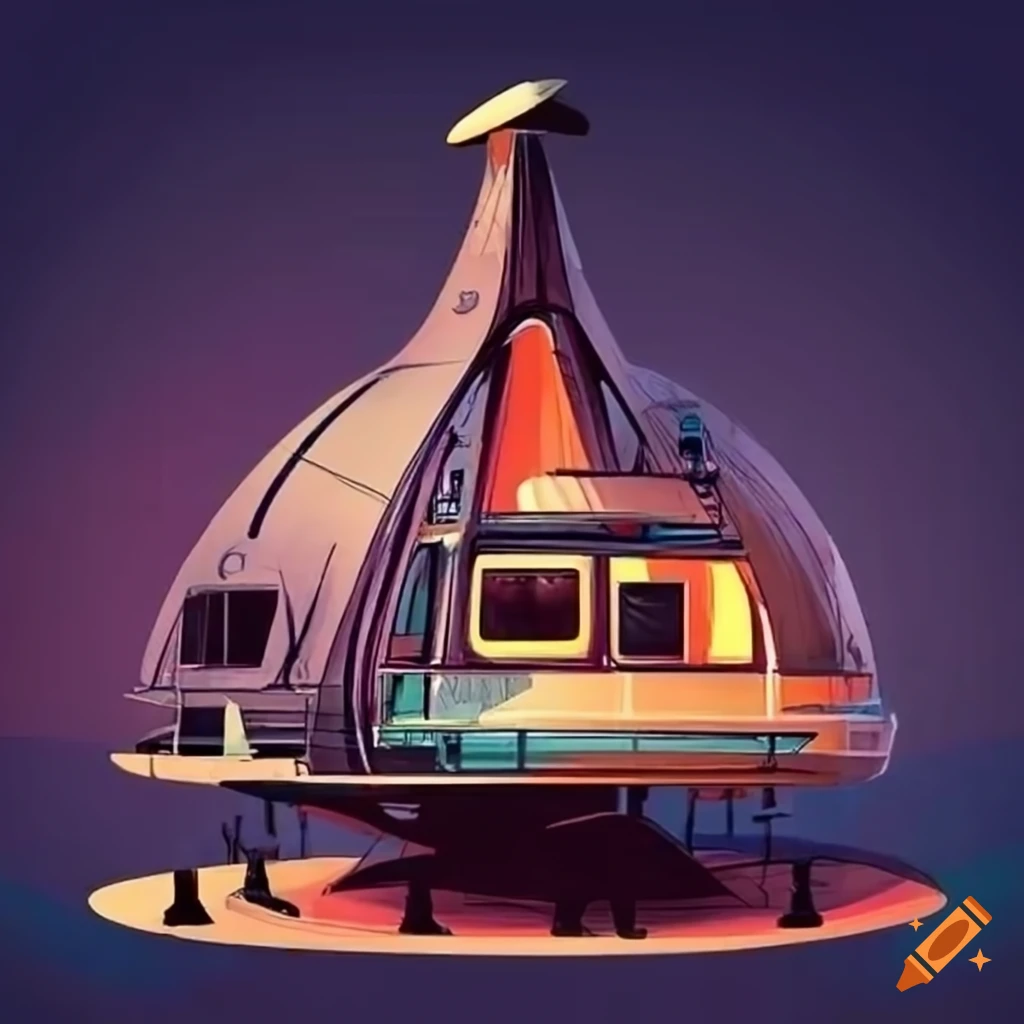 Technical drawing of a retro futuristic living pod with unique landing ...
