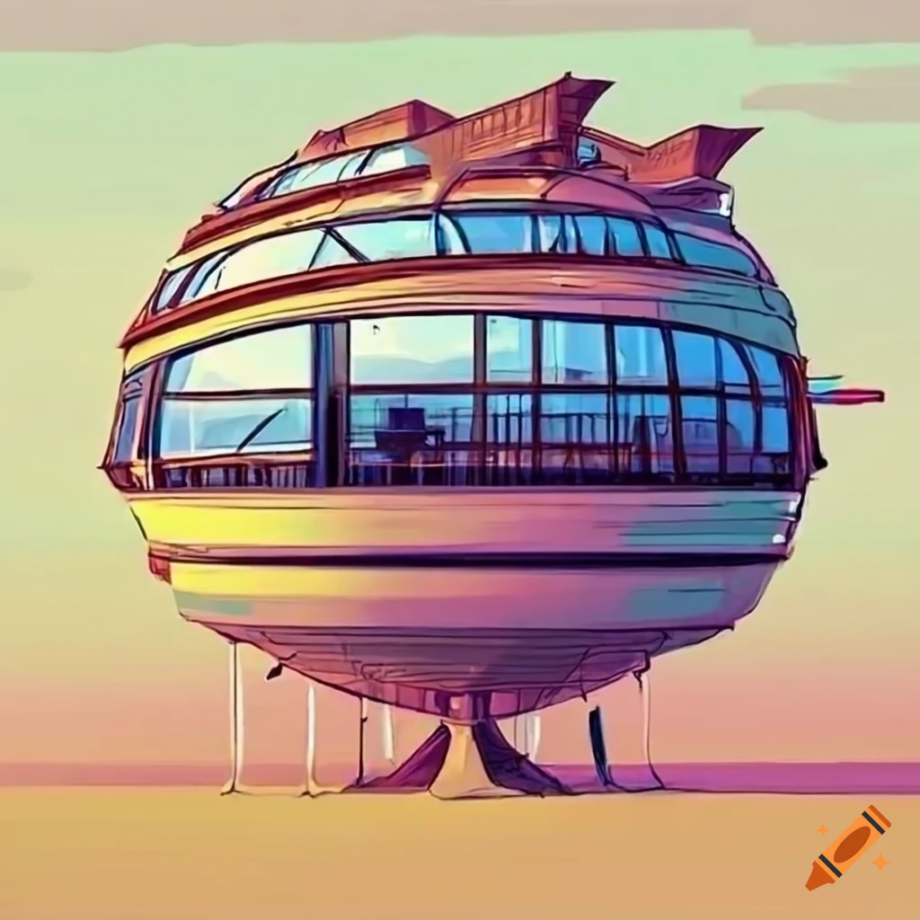 Technical drawing of a retro futuristic living pod with unique landing ...