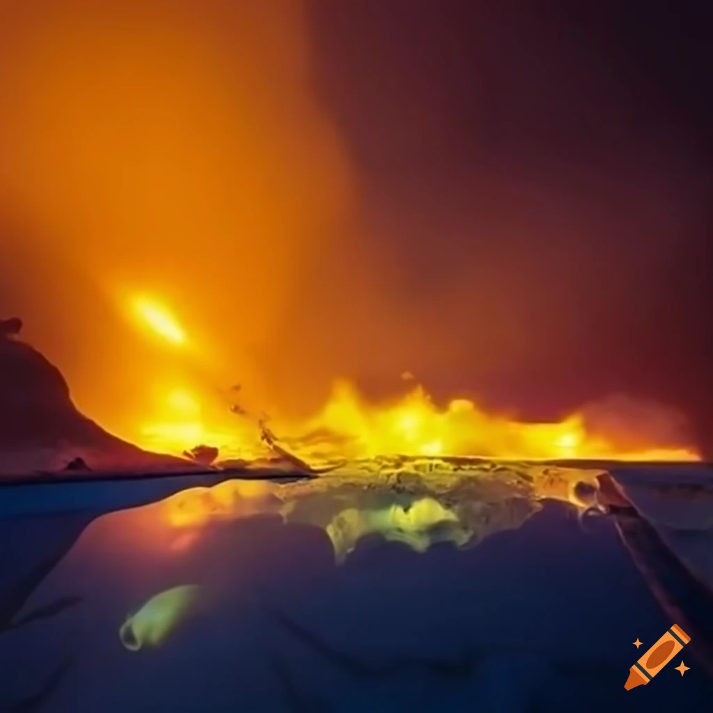 Sulfur pool on mountain during electric storm on Craiyon