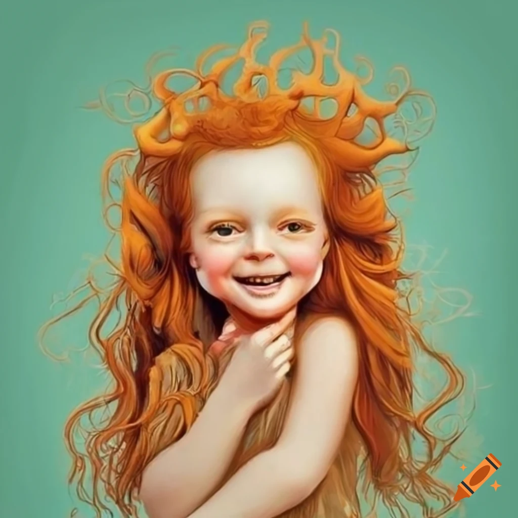 Cute and adorable illustration of smiling ginger-haired dressed girls