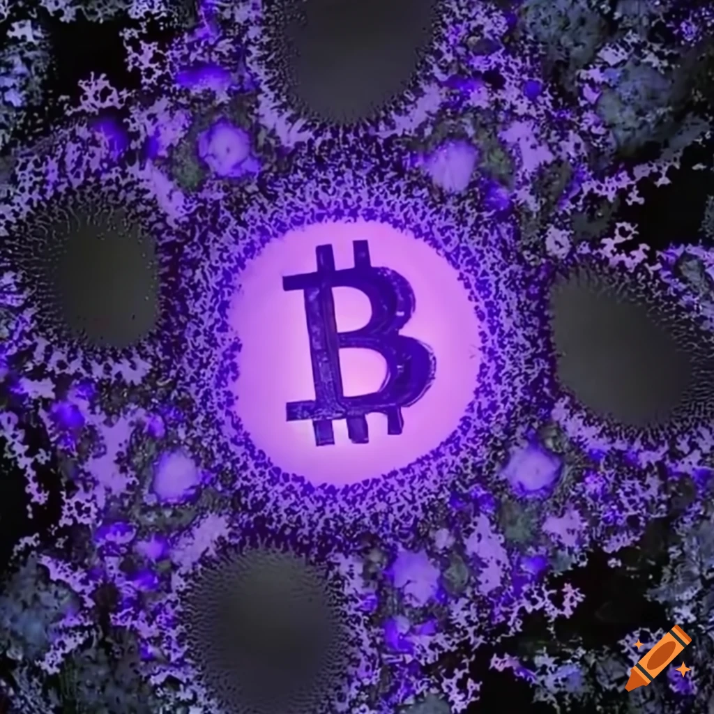 Digital artwork of a glowing purple glass bitcoin in a cube in a forest ...