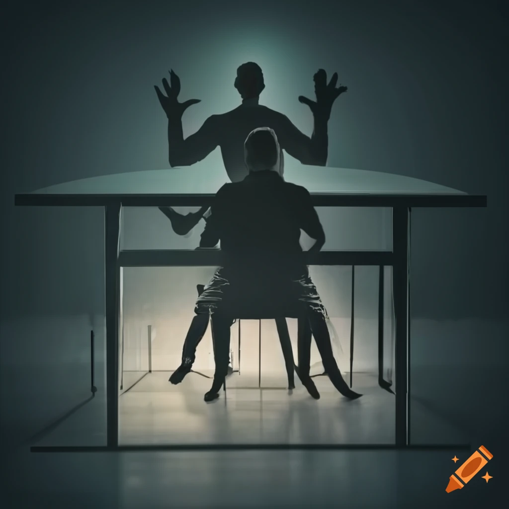 Perspective view of two men sitting at a glass table on Craiyon