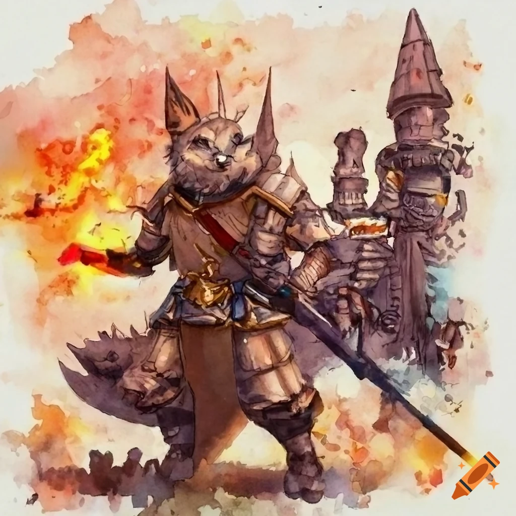 Watercolor painting of a fantasy battle with anthro knight wolves and ...