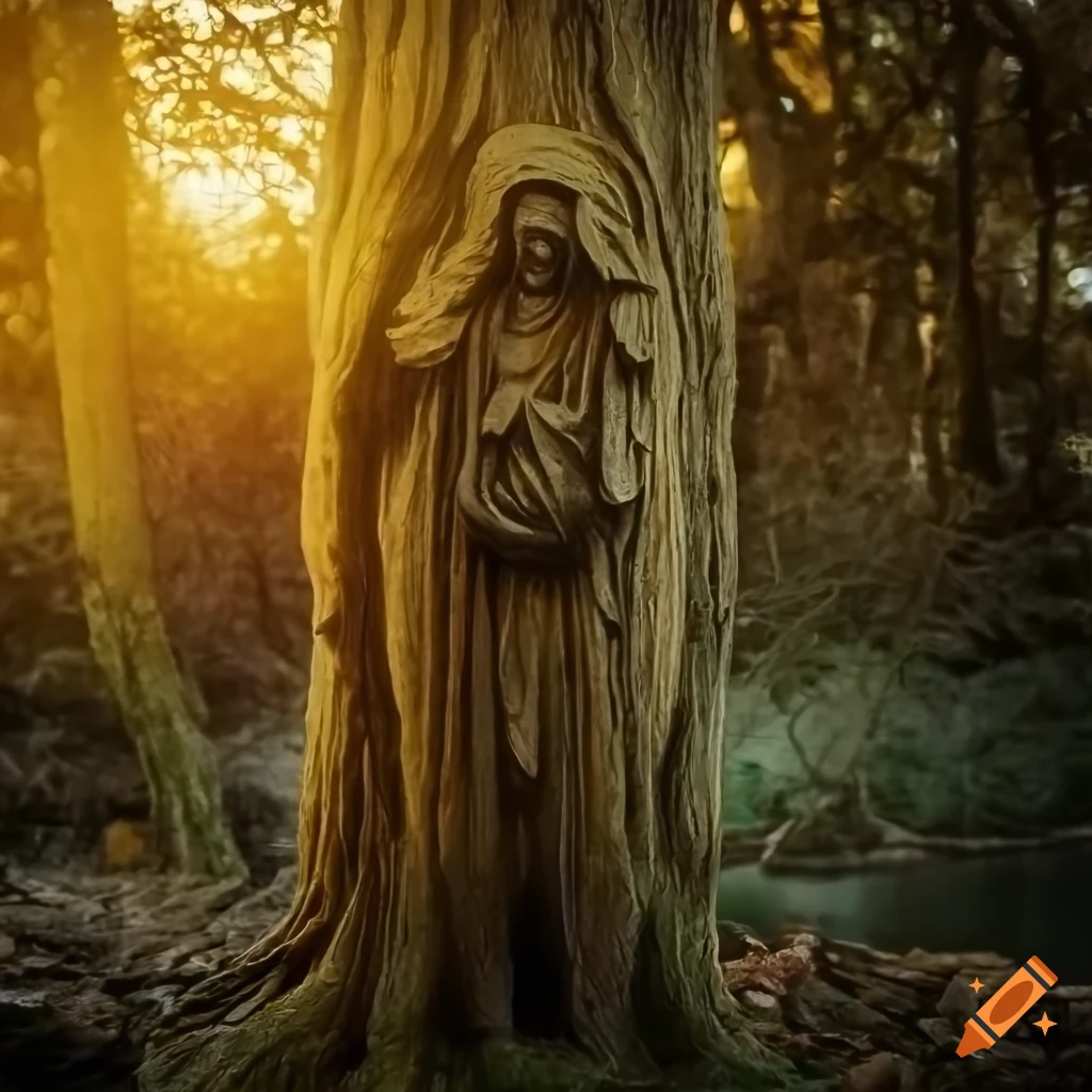 Carved jesus on oak tree with golden sunset on Craiyon