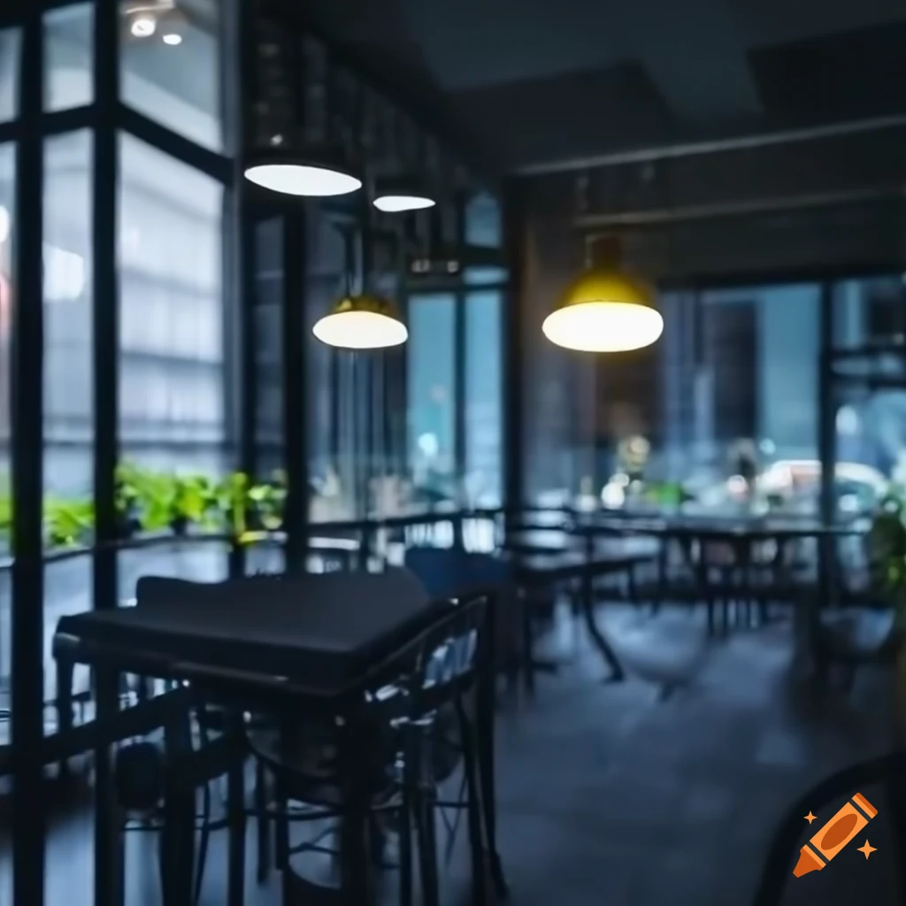 Cozy cafe at night with big windows and dim lighting on Craiyon