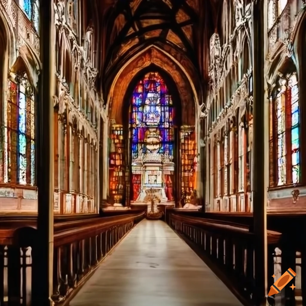 Interior view of a cathedral with beautiful stained glass windows on ...