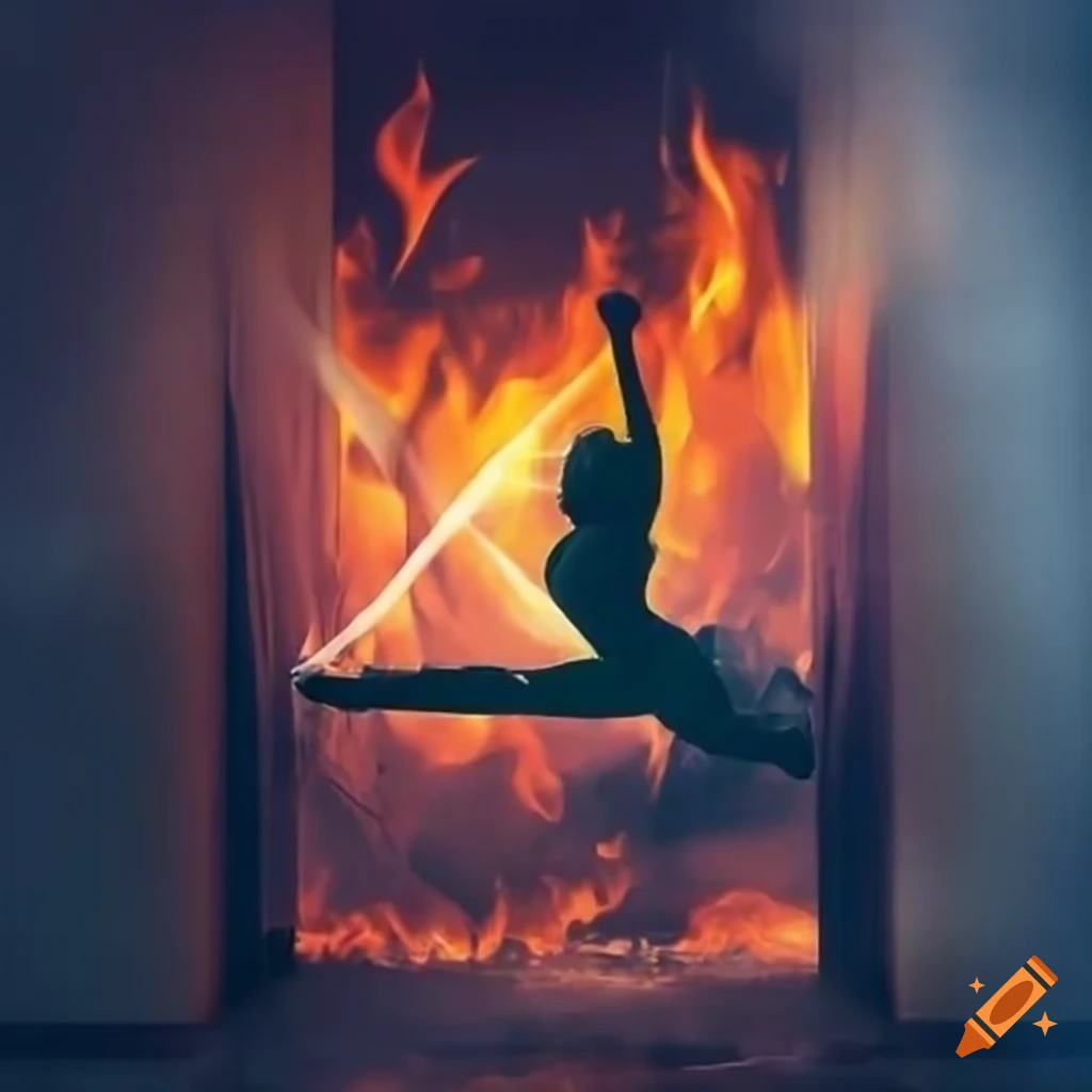 Abstract image of a firefighter extinguishing a burning house with a ...