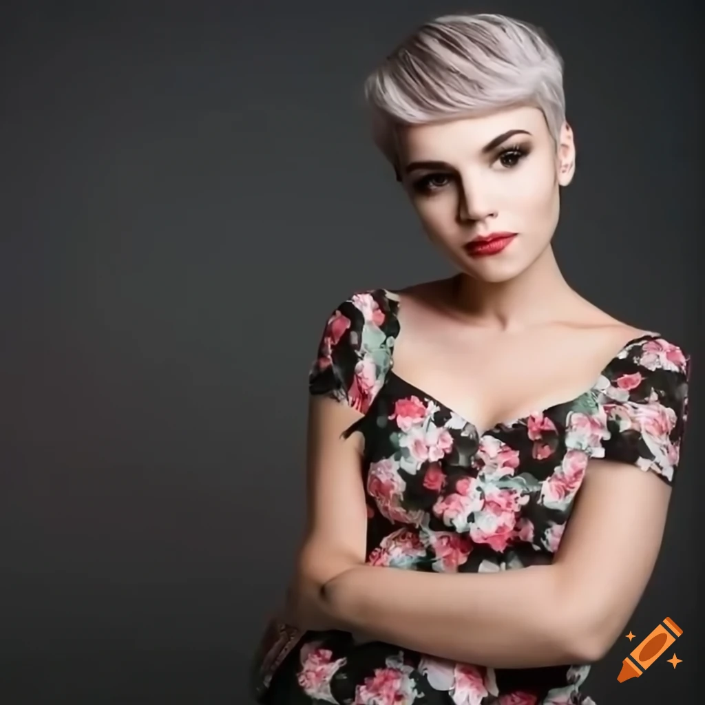 Stylish English woman in a floral dress and boots on Craiyon