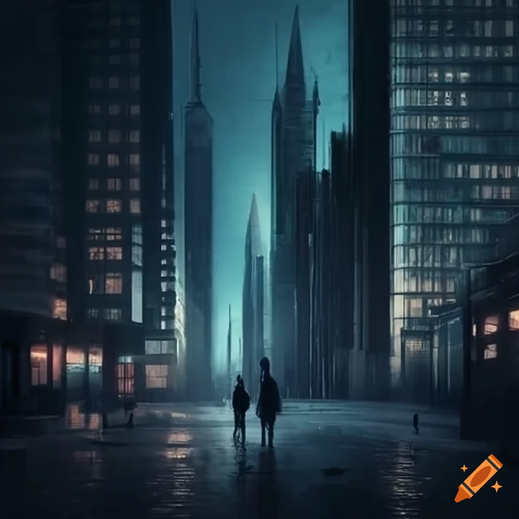 Dark and gloomy street overshadowed by a futuristic skyscraper on Craiyon