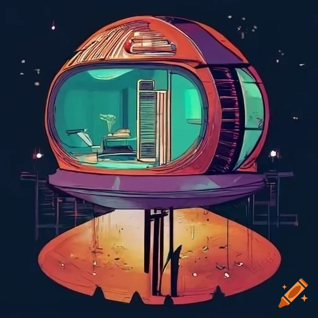 Retro futurism living pod technical drawing on Craiyon