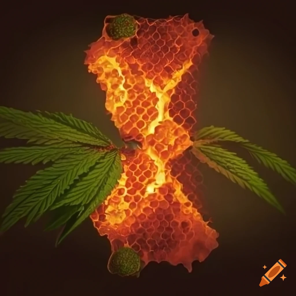 Close-up of cannabis leaf with burning embers on honeycomb on Craiyon