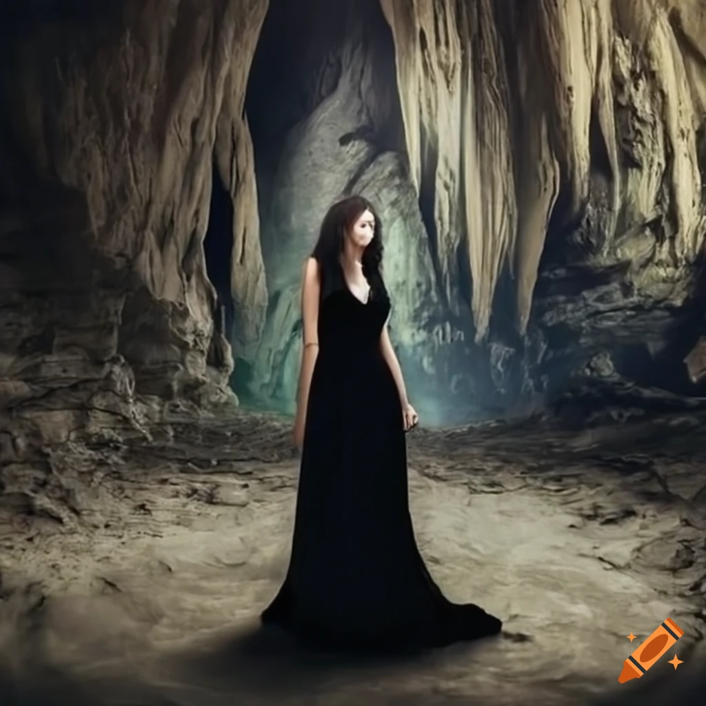 Woman in black dress standing in a cave