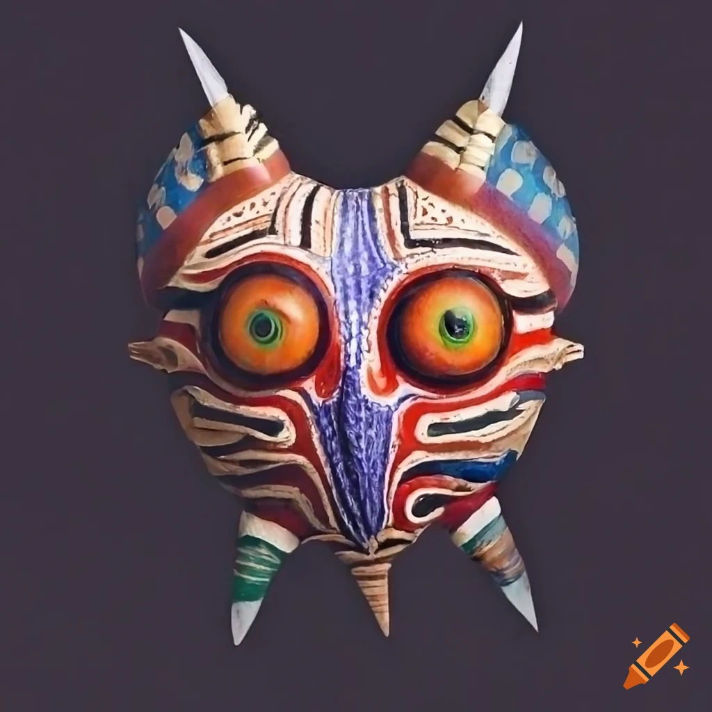 Wooden tribal mask inspired by majora's mask on Craiyon