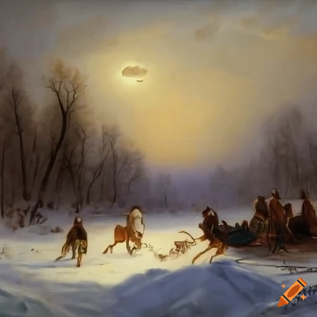 Painting of a russian troika in the snow