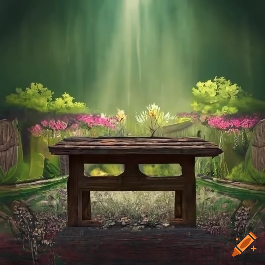 Fantasy scene with a wooden table in a magical garden on Craiyon